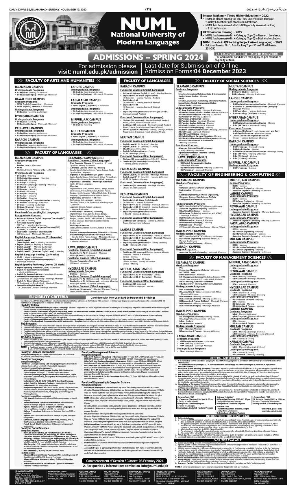 National University Of Modern Languages NUML Admission 2024 Spring ...