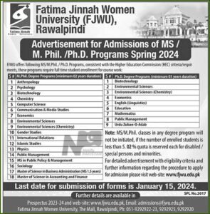 Fatima Jinnah Women University FJWU Rawalpindi Admissions 2024 Online ...