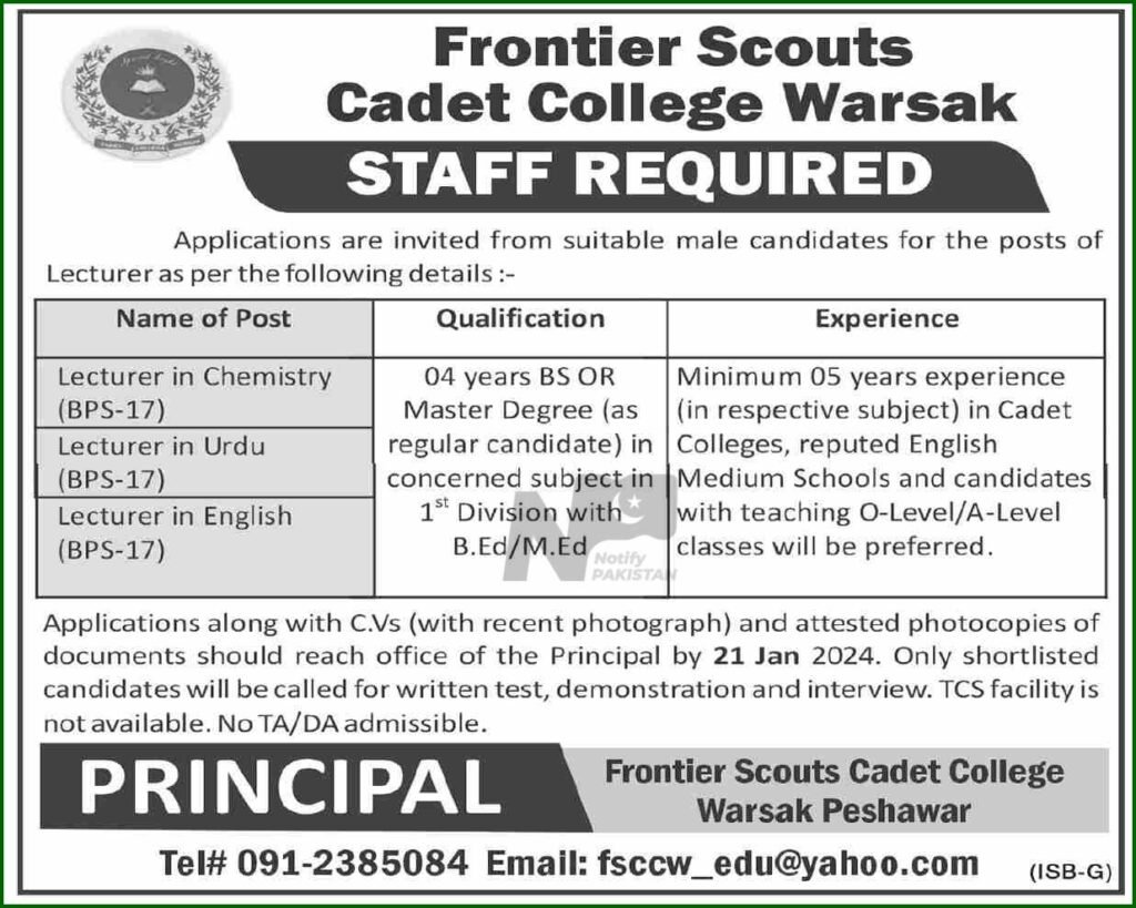 Frontier Scouts Cadet College Warsak FSCCW Peshawar Jobs 2024 Online ...