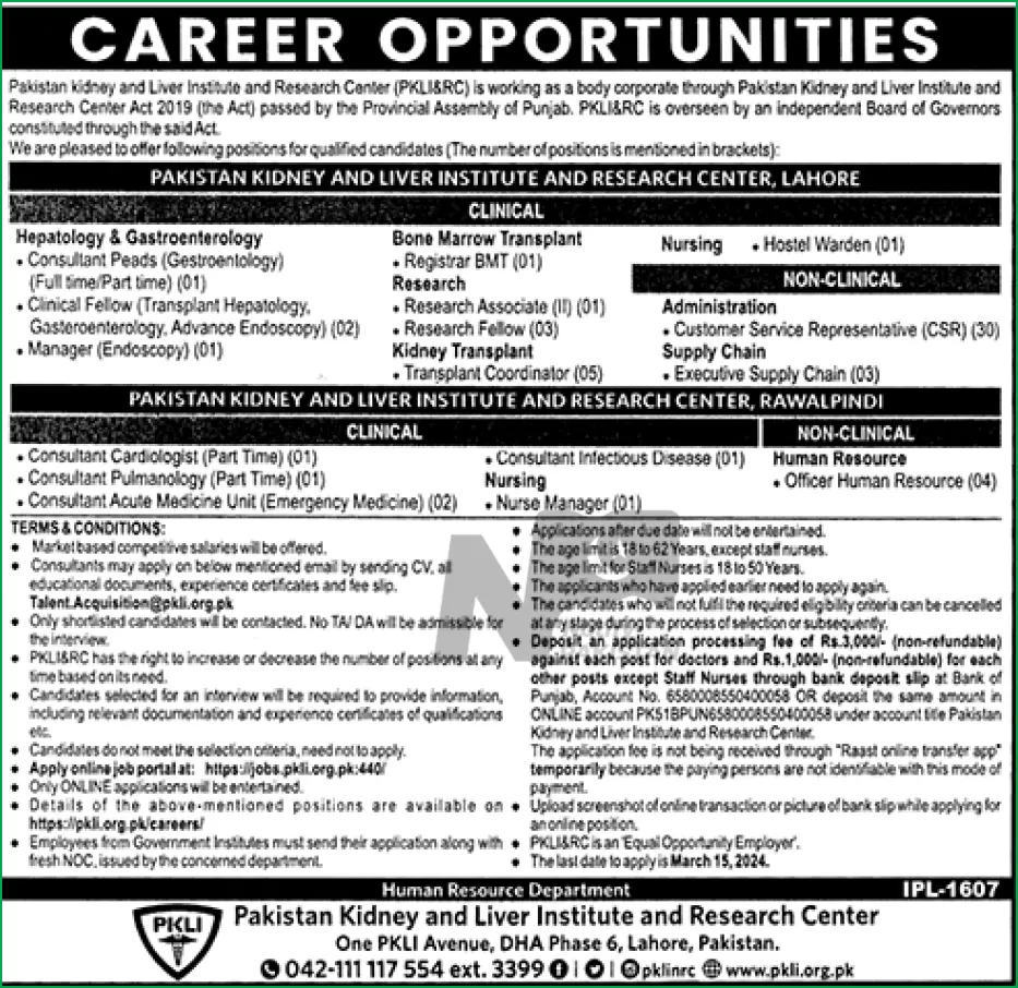 Pakistan Kidney and Liver Institute PKLI Jobs 2024 Online Apply - Notify Pakistan